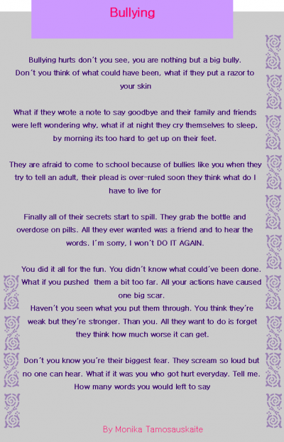 Well done to Monika who created a poem on Bullying